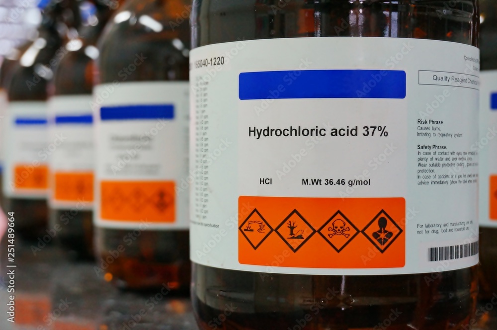 Bottle of Hydrochloric Acid, HCL with Properties information and its ...