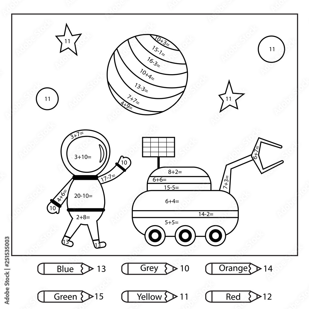 Educational coloring page for kids. Paint color by subtraction and ...