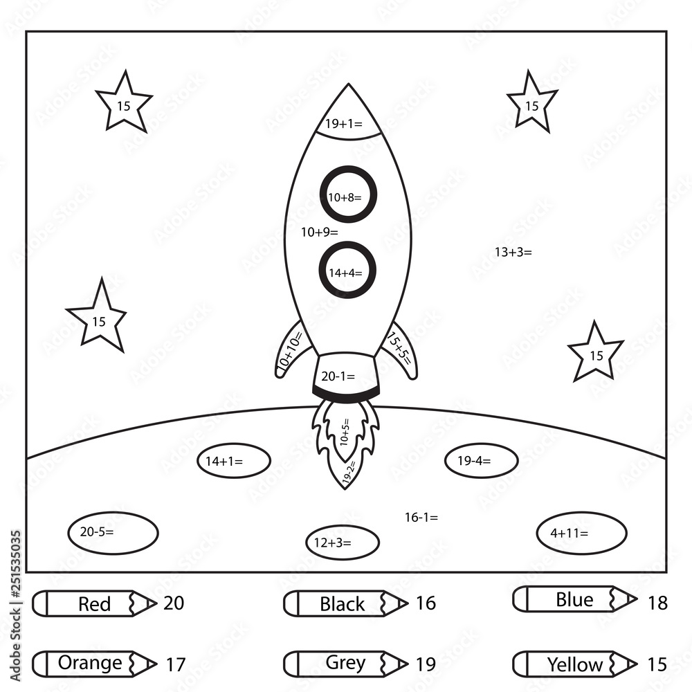 Educational coloring page for kids. Paint color by subtraction and ...