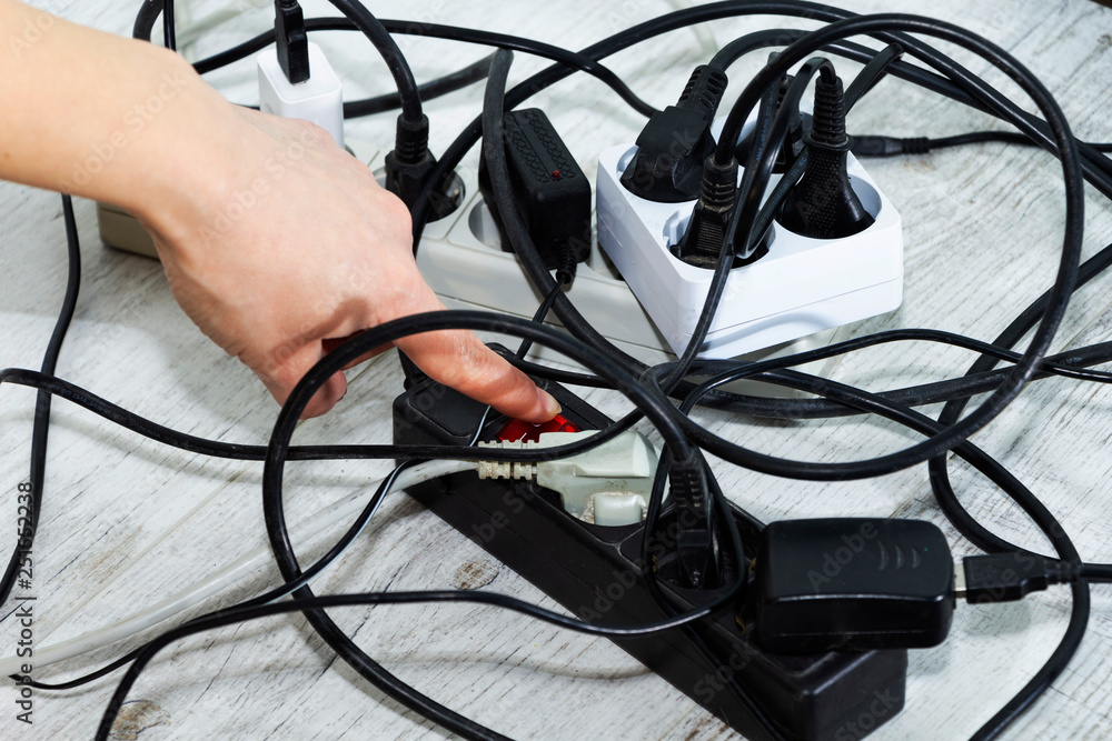 Lots of electrical outlets-enabled devices. Power saving Stock Photo ...