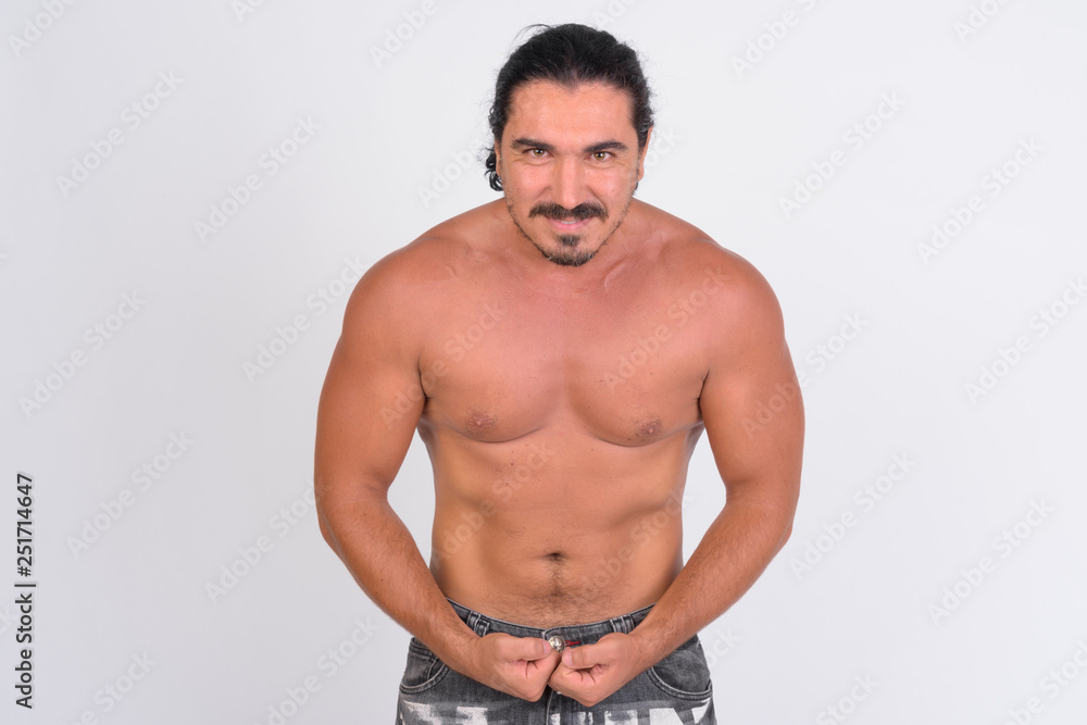 Shirtless handsome macho man with mustache flexing biceps Stock Photo ...