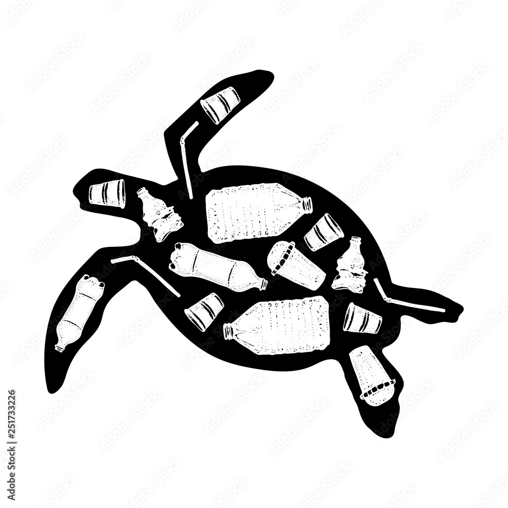 Ocean pollution vector illustration. Rubbish in a turtle Ecological ...