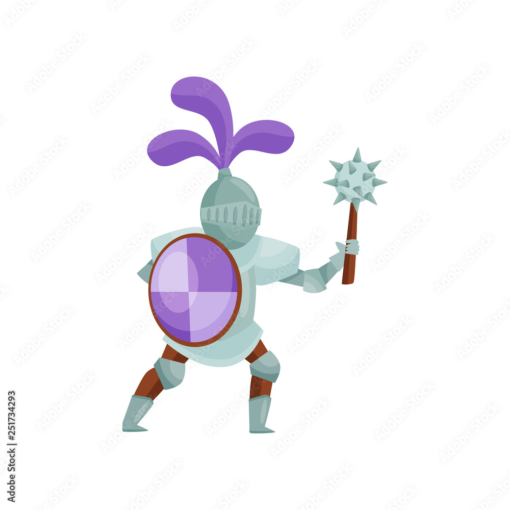 Knight with mace and shield in fighting pose. Medieval warrior in metal ...