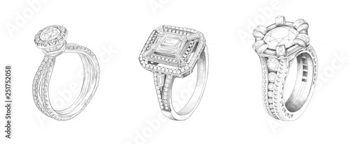 Pencil drawing of rings with precious stones on a white background ...