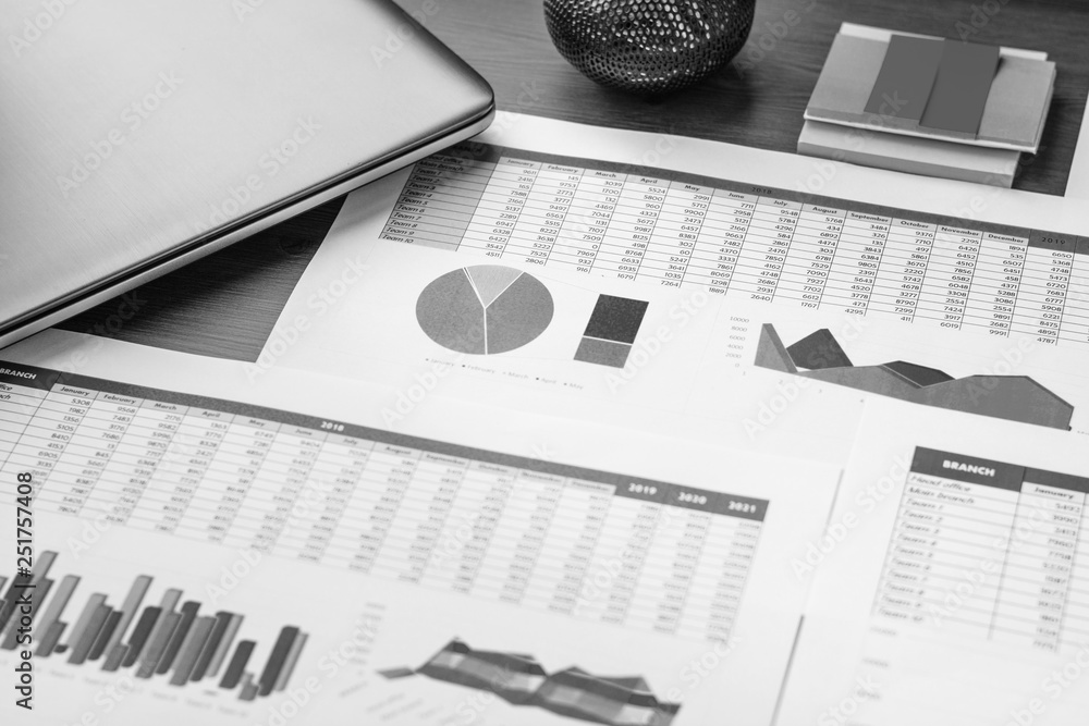 Financial documents - graphics, statistics, drawings, keyboard, laptop ...