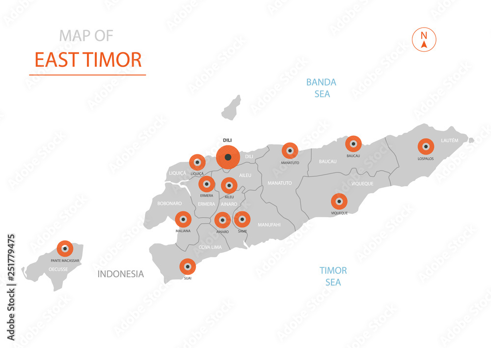 Stylized vector East Timor map showing big cities, capital Dili ...