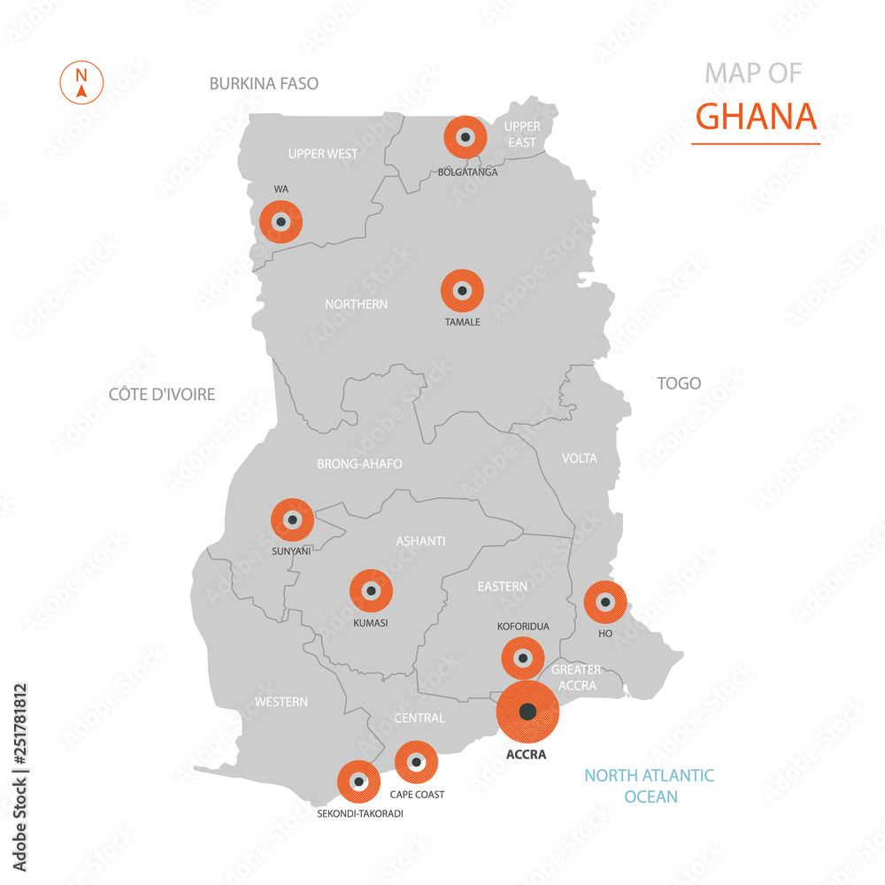 Stylized vector Ghana map showing big cities, capital Accra ...