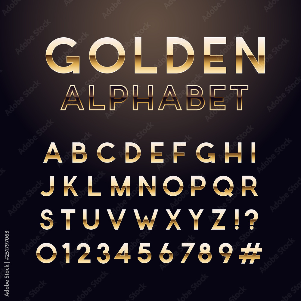 Golden glossy font. English alphabet and numbers sign. Metallic letters ...