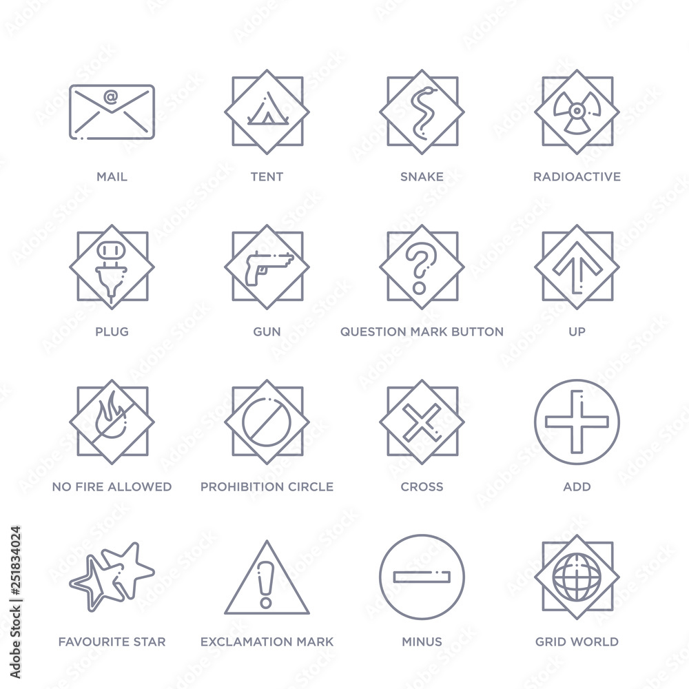 set of 16 thin linear icons such as grid world, minus, exclamation mark, favourite star, add ...