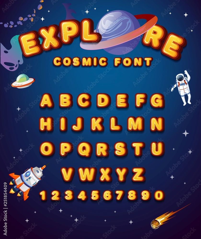 Colorful alphabet style with space elements. Space yellow font style ...
