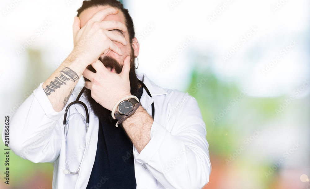 Doctor with long hair wearing medical coat and stethoscope Covering ...