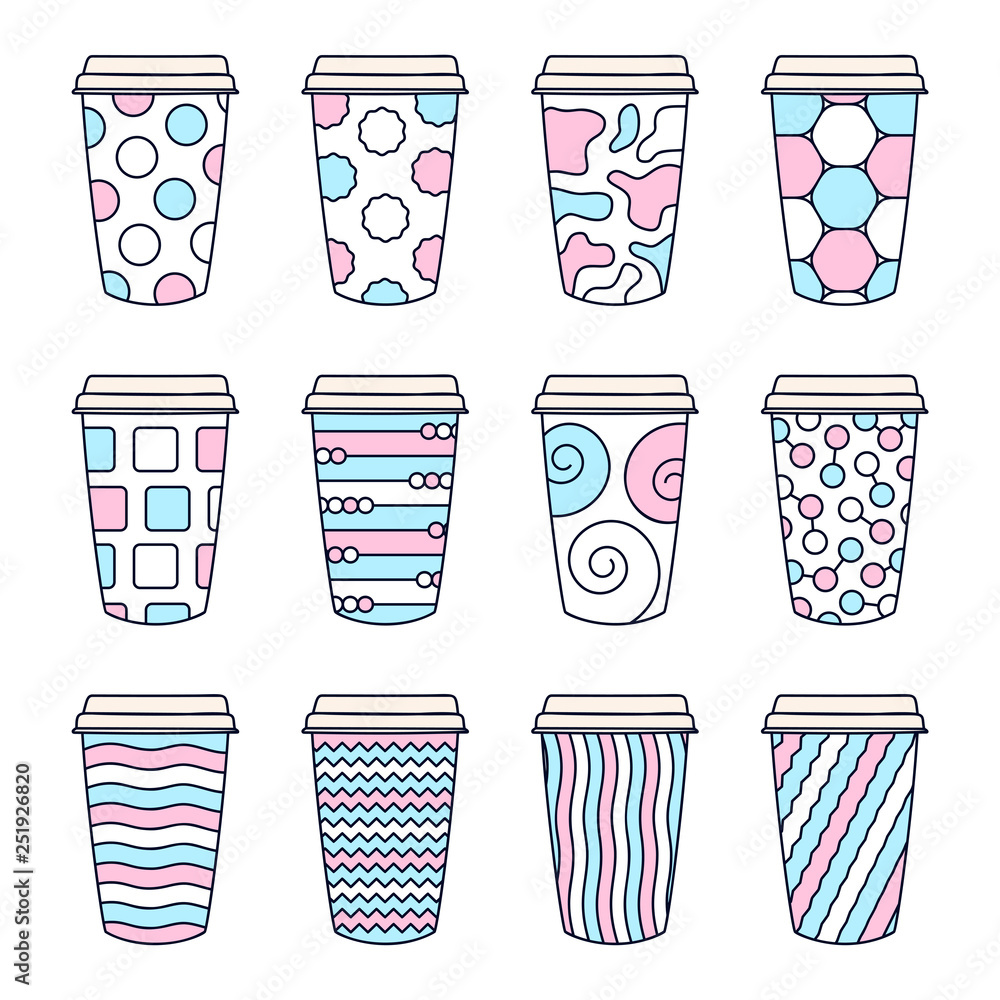 Isolated Set of 12 paper texture pattern cups for coffee with a lid ...