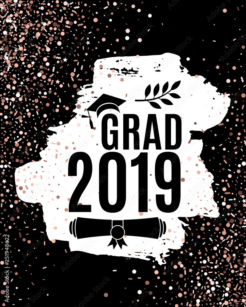 Class of 2019 graduate greeting card with hat, laurel, ink brush stroke ...