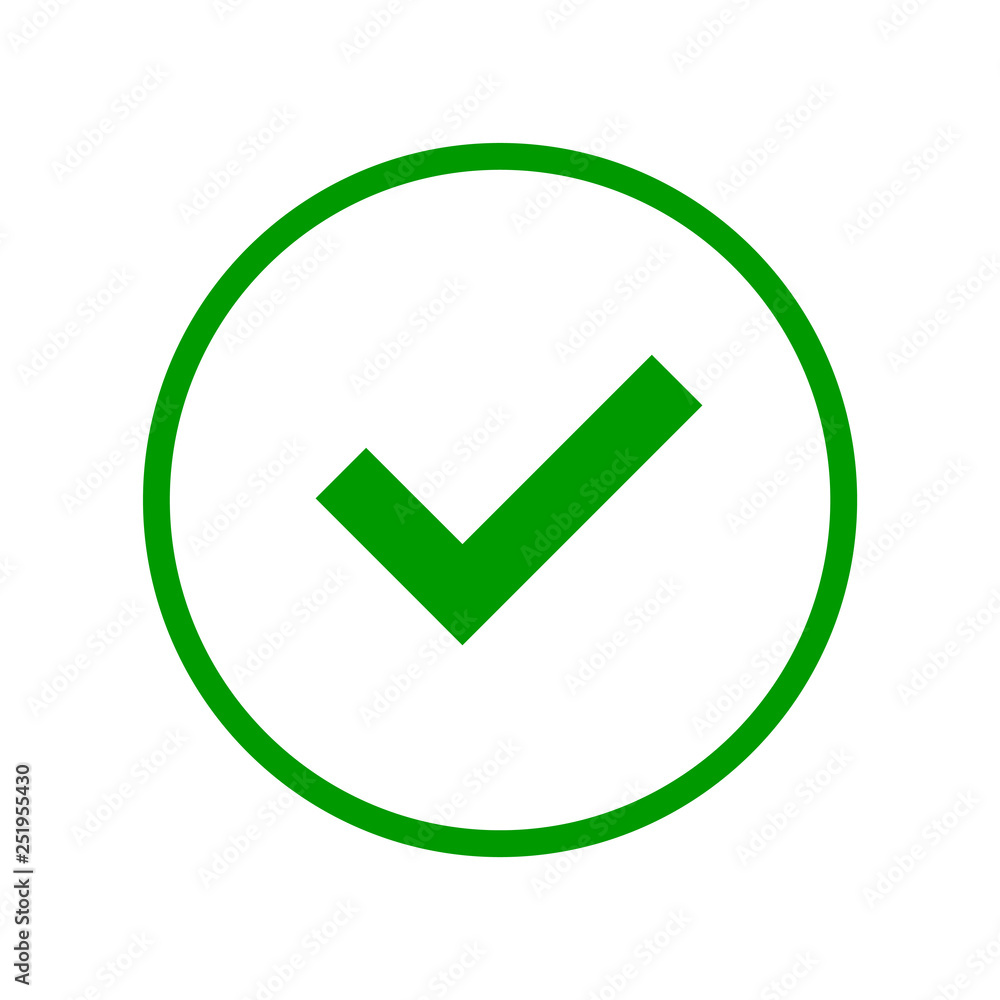 Round green check mark line icon, button, tick symbol on white ...