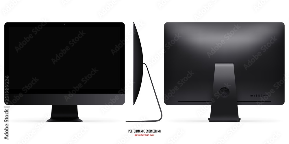 computer monitor mockup in black color view front, back and side Stock ...