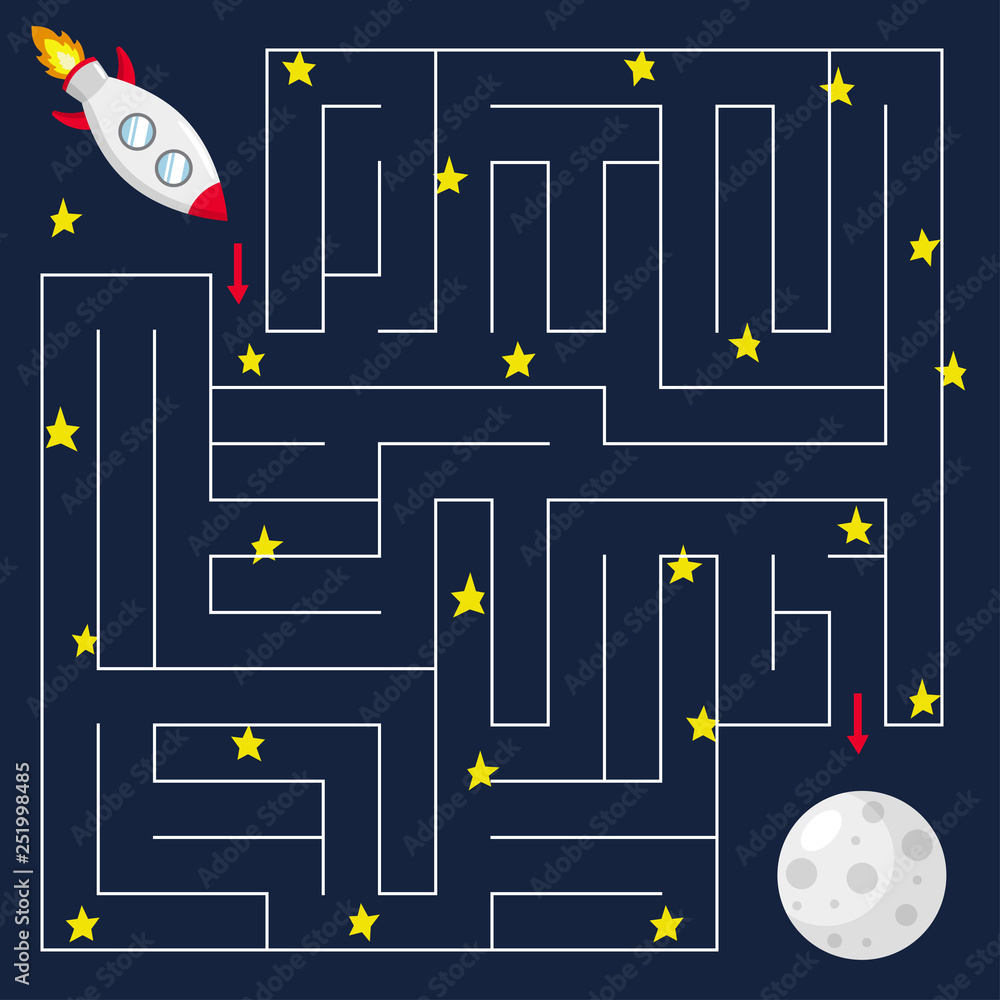 Maze game for kids. Help the rocket find the right way to the moon ...