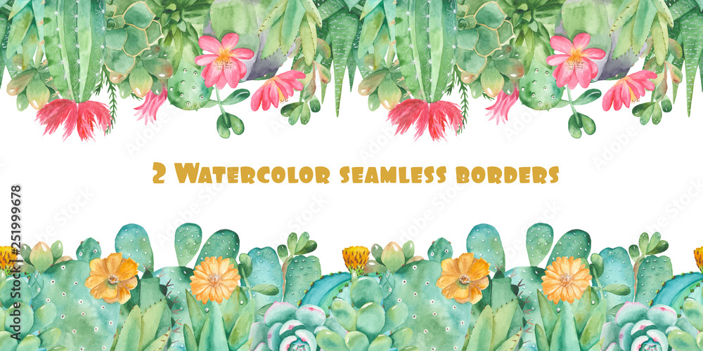 Watercolor seamless border with succulents and flowers. Template for ...
