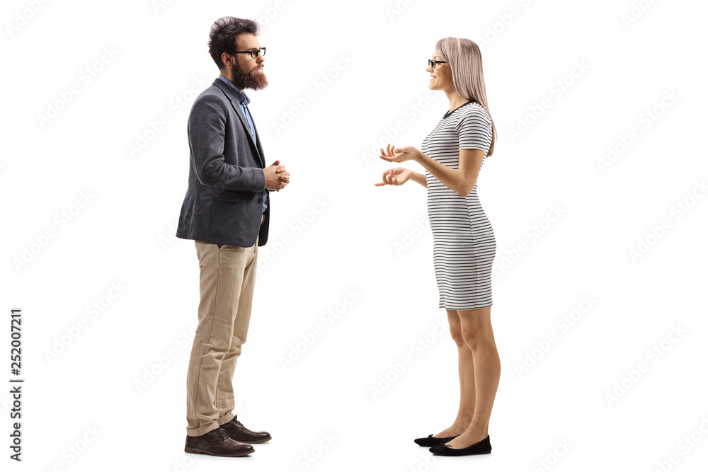 Man and woman standing and talking Stock Photo | Adobe Stock