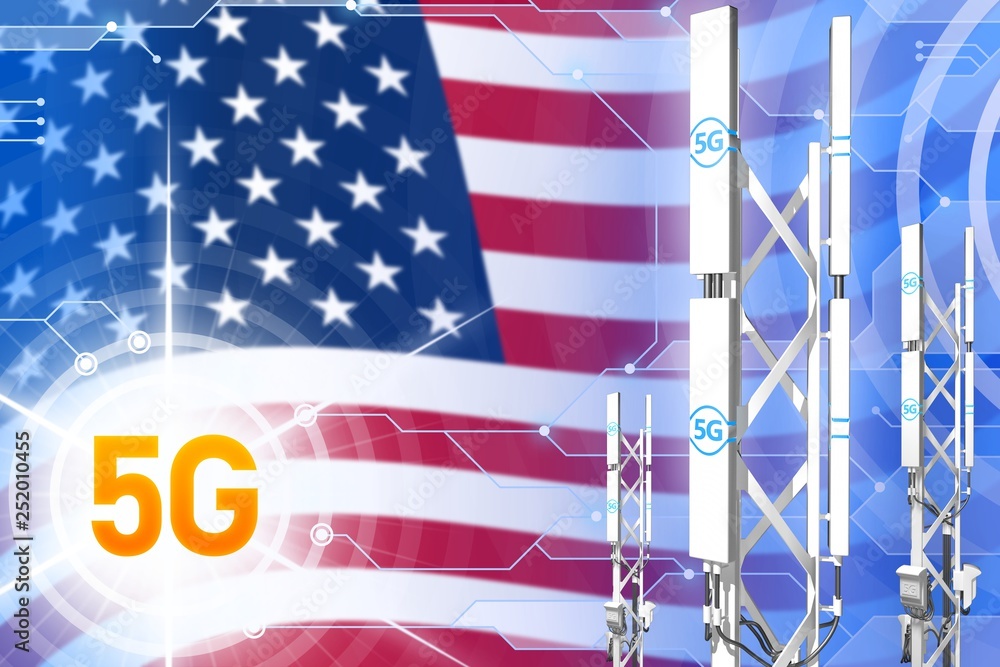 USA 5G industrial illustration, large cellular network mast or tower on ...