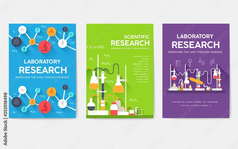 Science information cards set. laboratory template of flyear, magazines ...