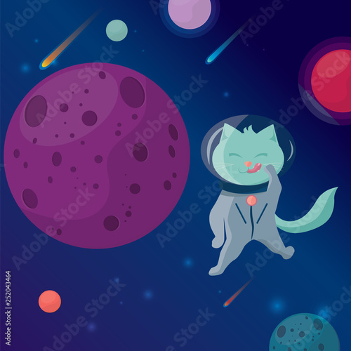 Cute and fun cat astronaut in space. Vector cartoon charters. Vector ...