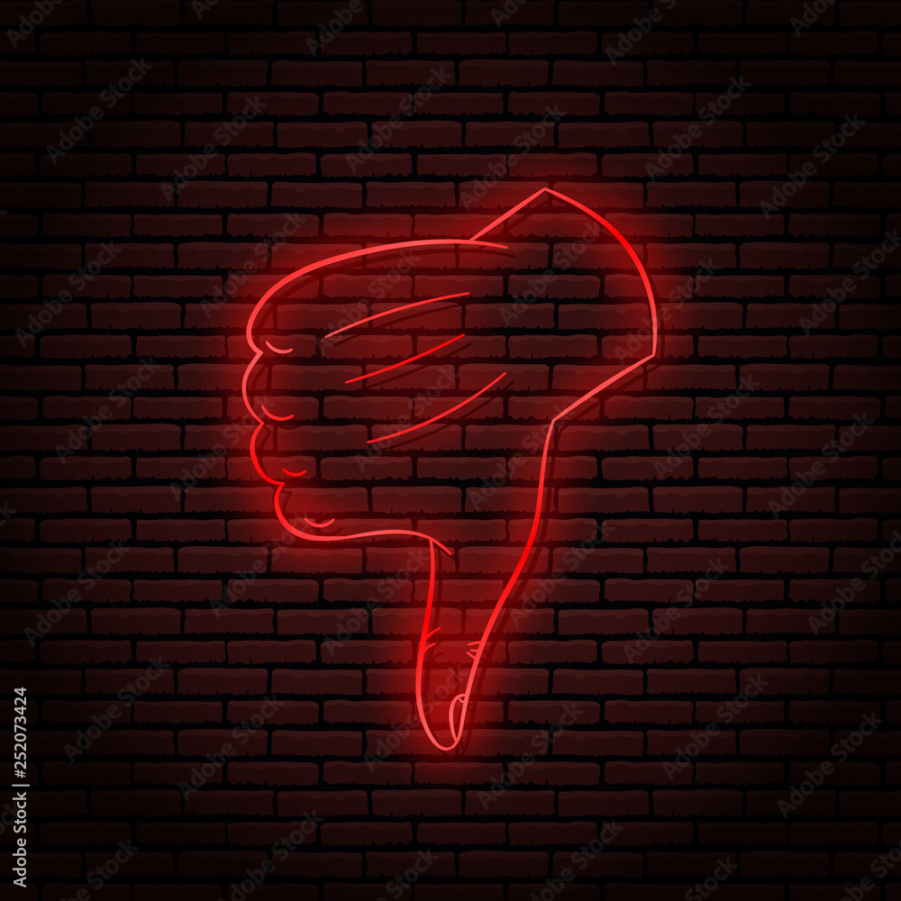Neon sign with a red glow. dislike. Hand gesture, shows thumb down. On ...