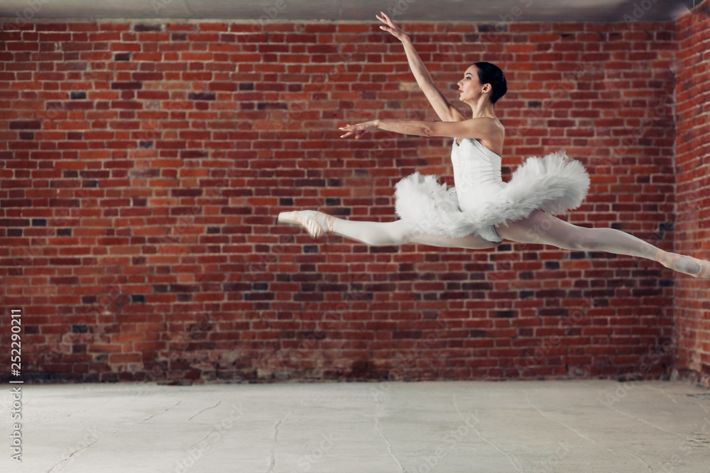 powerful jump in the ballet. full length side view photo. amazing art ...