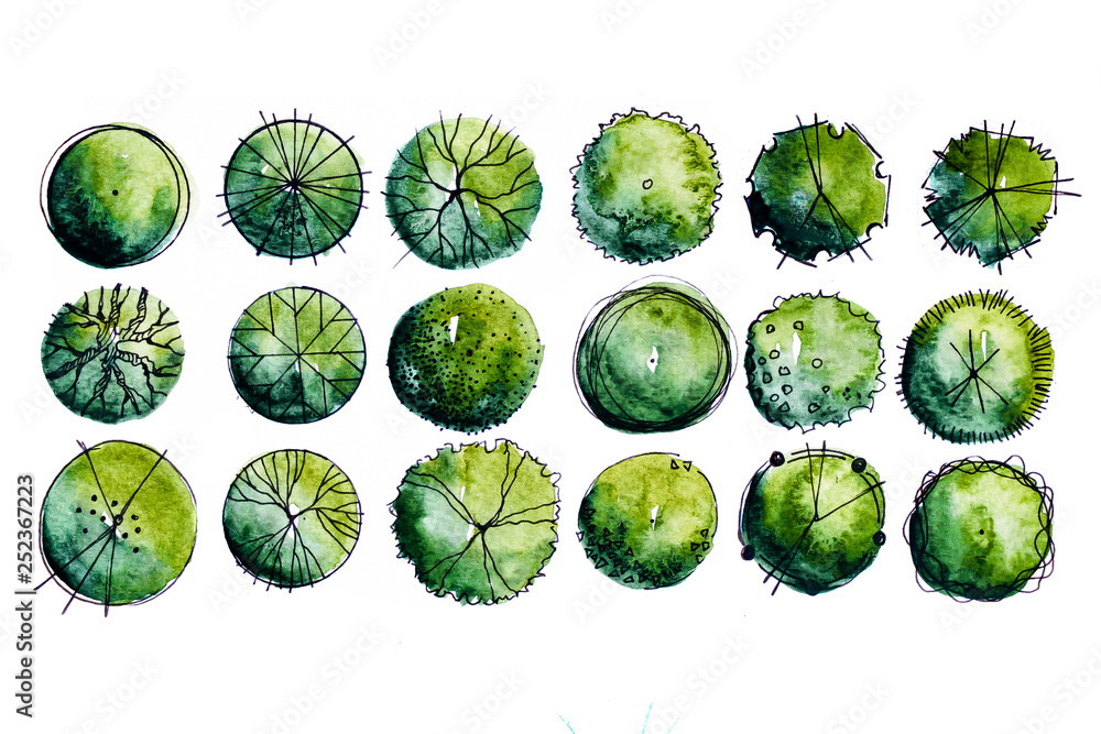 Symbols of Landscape architect plan design by watercolor hand drawn ...