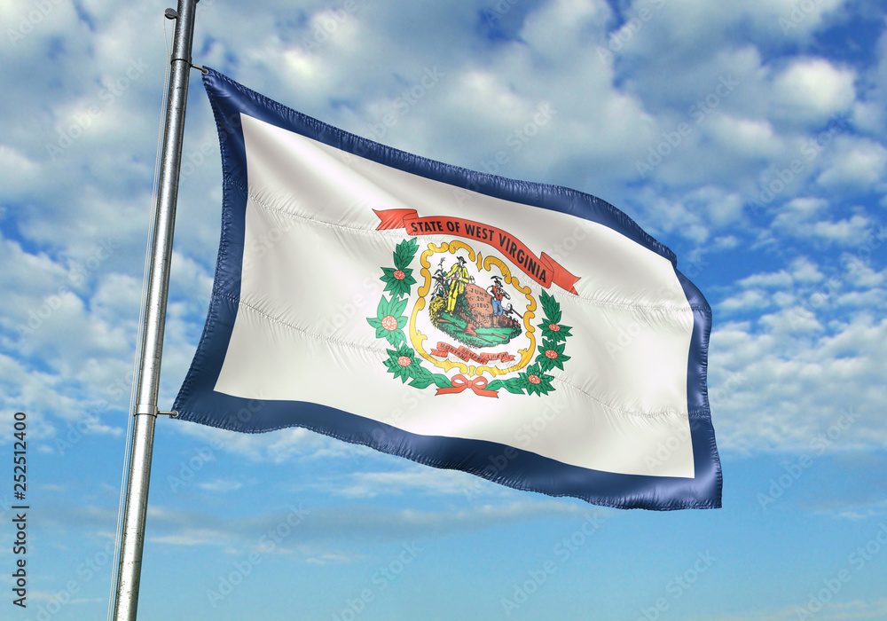 West Virginia state of United States flag waving sky background 3D ...