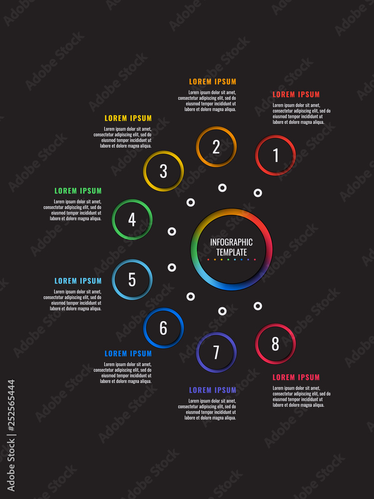 8 steps infographic template with round paper cut elements on black ...