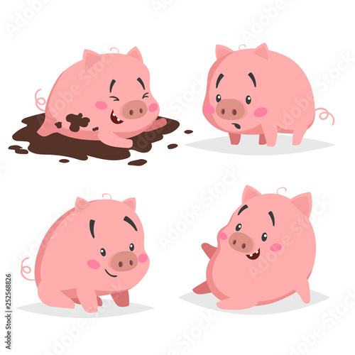 Cute piglets set. Little pig in puddle, surprised, sitting and relaxing ...