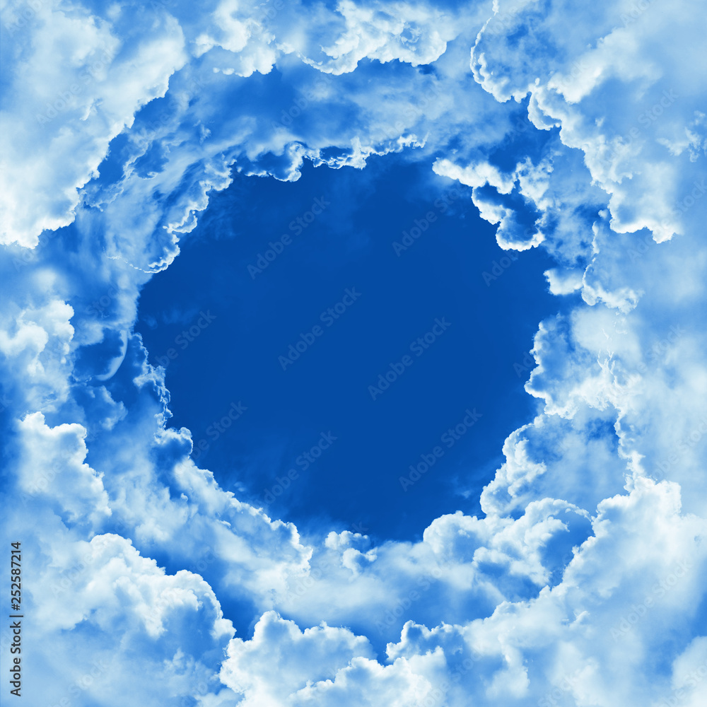 Sky with beautiful light clouds. Cloudy border, round frame, template ...