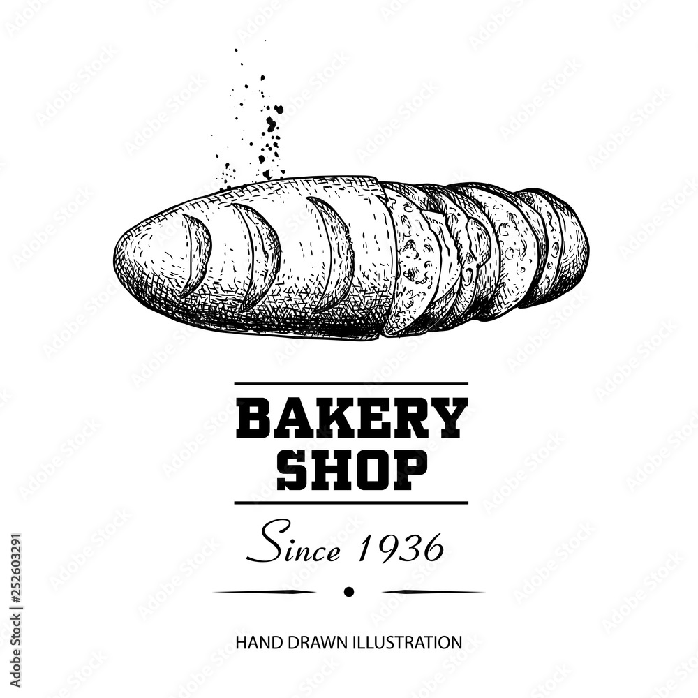 Bread loaf top view sliced sketch drawing. Hand drawn sketch style ...