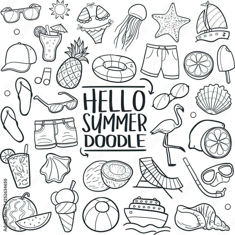 Hello Summer Vacation Traditional Doodle Icons Sketch Hand Made Design ...