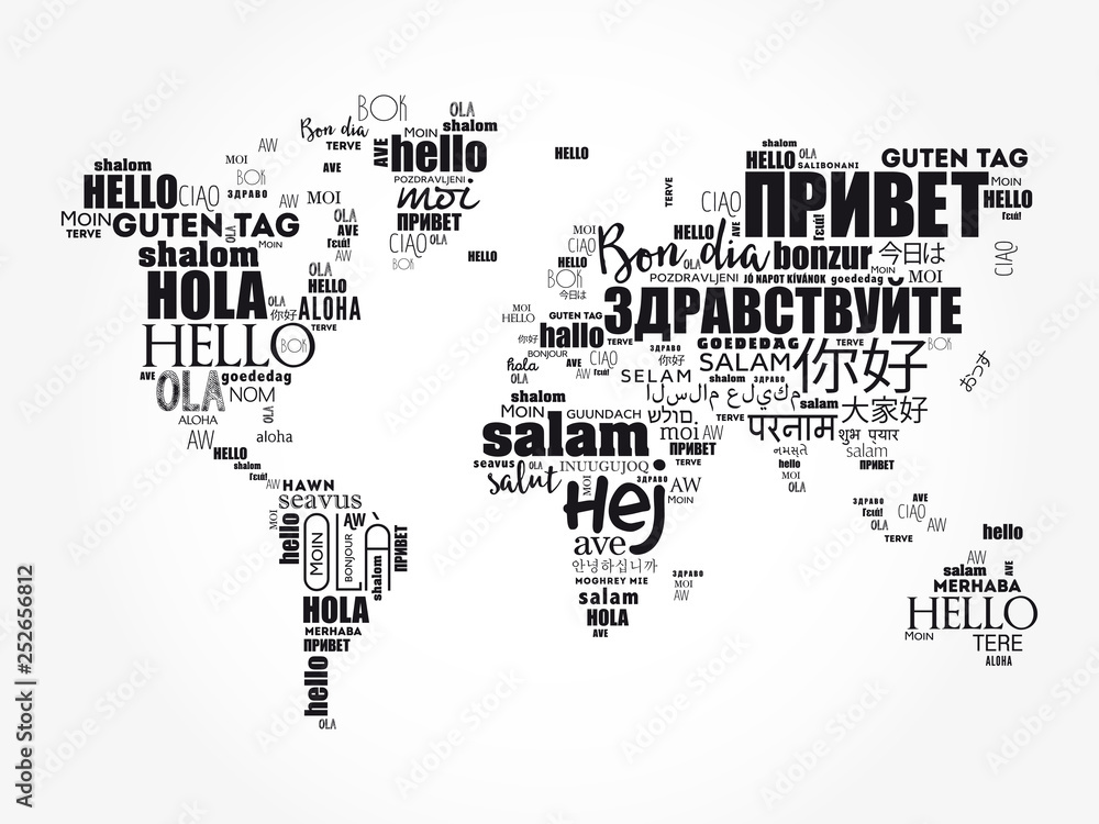 Hello in different languages word cloud World Map, business concept ...