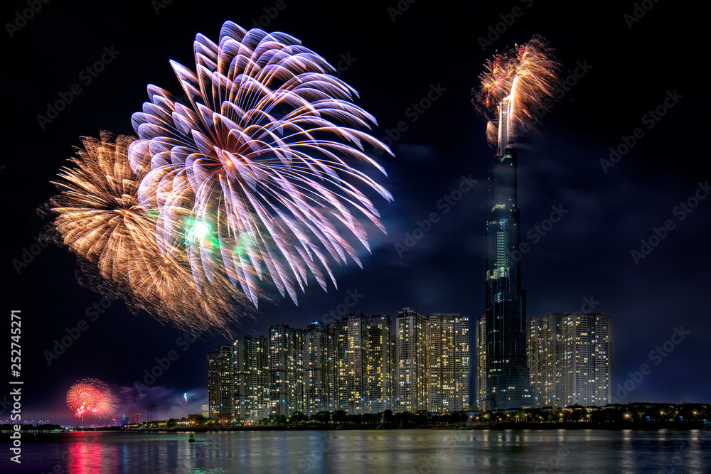 Ho Chi Minh City, Vietnam - February 4th, 2019: Colorful fireworks ...