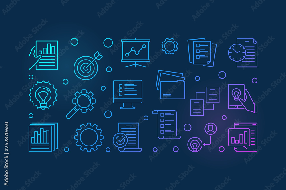 Project Management Planning vector colored outline illustration or banner on dark background ...