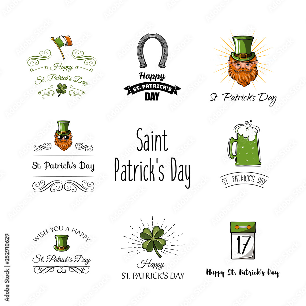 St Patricks day labels set. Calendar, clover, leprechaun, four leafy ...