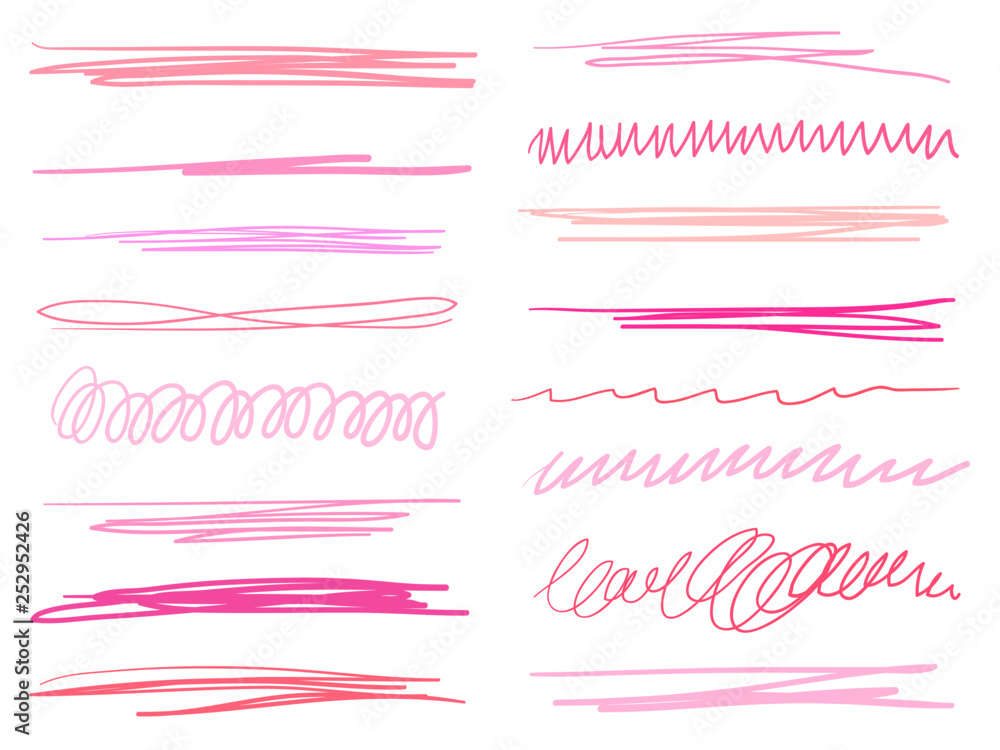 Hand drawn colorful underlines on white. Stroke chaotic patterns ...
