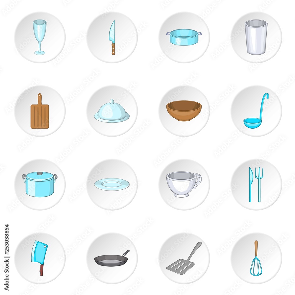 Basic dishes icons set. Cartoon illustration of 16 basic dishes vector ...