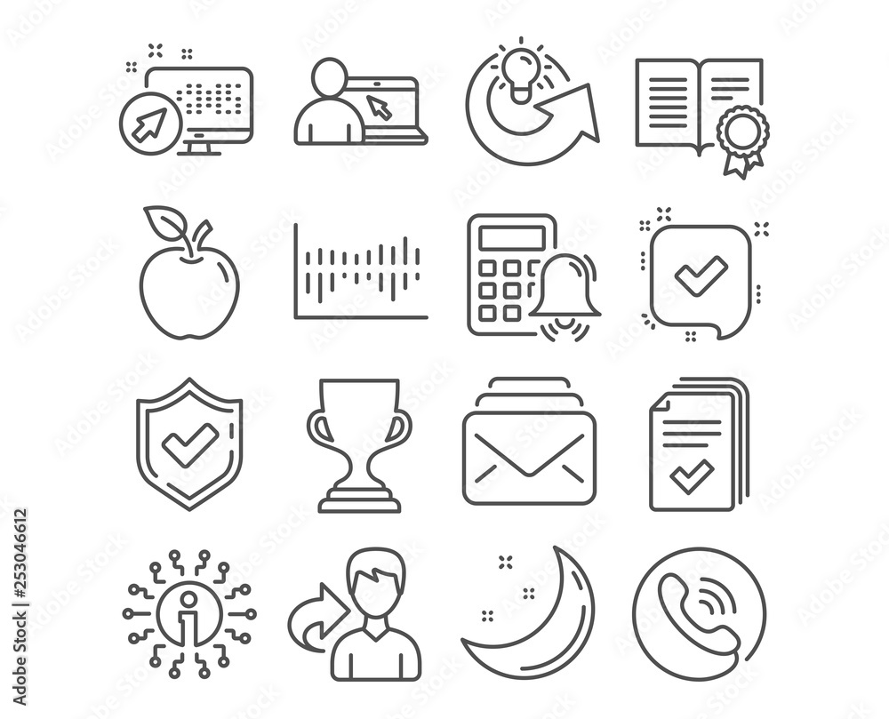 Stock-Vektorgrafik „Set of Confirmed, Column diagram and Mail icons. Calculator alarm, Online ...