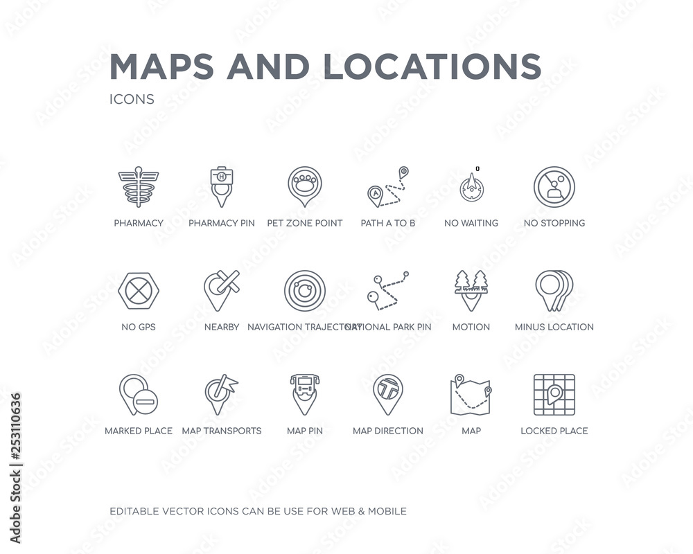 simple set of maps and locations vector line icons. contains such icons ...