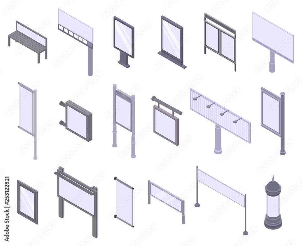 Outdoor advertising icons set. Isometric set of outdoor advertising ...