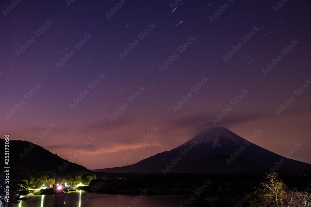 Star trails and Mount Fuji at twilight, the World Heritage, view at ...
