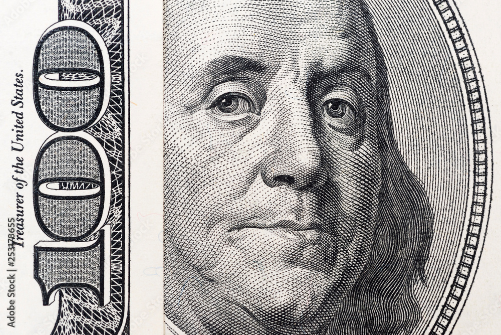 Стоковое фото «Benjamin Franklin's eyes from a hundred-dollar bill. The ...