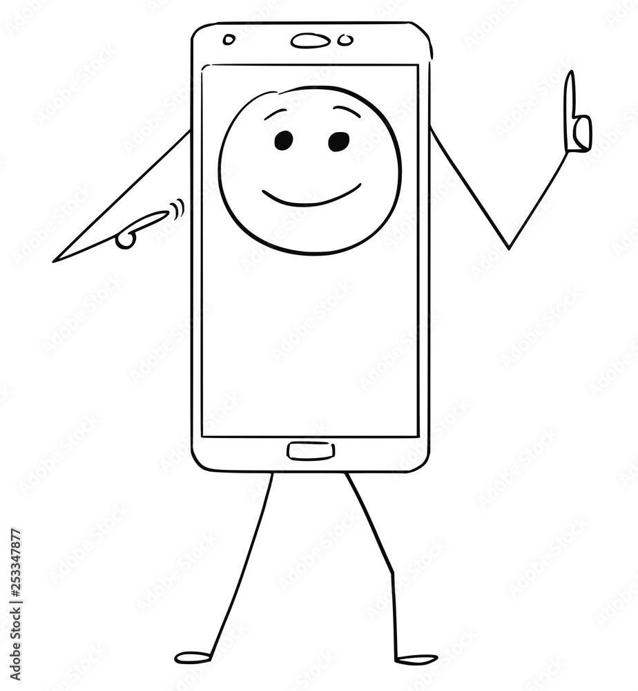 Cartoon stick figure drawing conceptual illustration of mobile phone ...