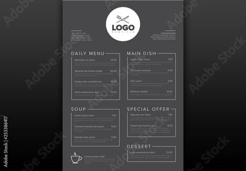 Dark Gray Restaurant Menu Layout with Line Art Illustrations Stock ...