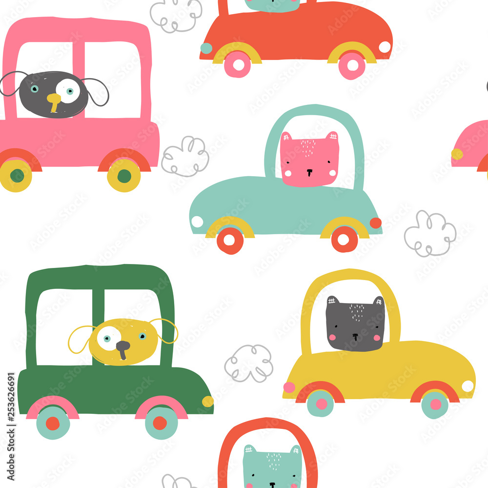 Funny animals in cars seamless pattern. Cute kids print. Vector hand ...
