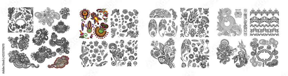 black line art ornate flower design collection, ukrainian Stock Vector ...