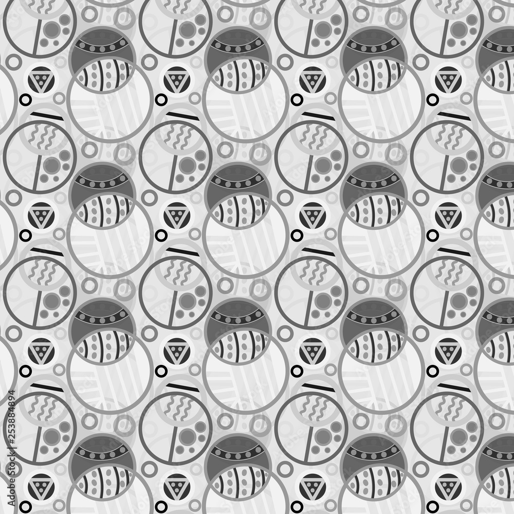 decorative grey scale monochrome embellished circles repeating pattern ...